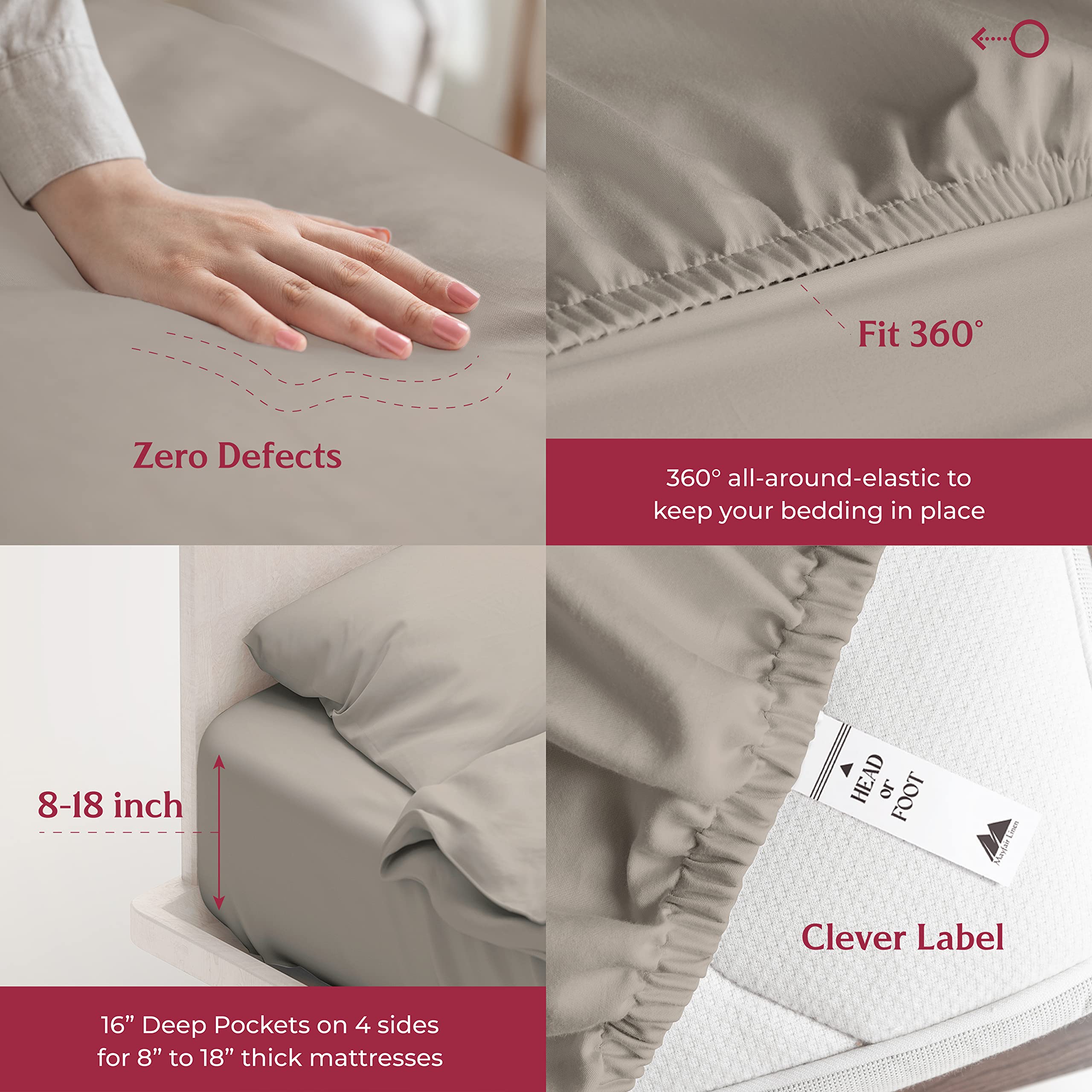 800-Thread-Count Cotton Sheets - Egyptian Quality Long Staple Cotton, Sateen Weave Taupe Color Queen Sheets for Queen Size Bed, Fits Mattress Upto 16'' Deep Pocket (Packaging May Vary)