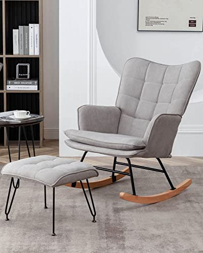 MELLCOM Rocking Chair with Ottoman, High Back Nursery Glider Rocker with Solid Wood Leg, Modern Upholstery Linen Fabric Armchair for Nursery, Living Room and Bedroom