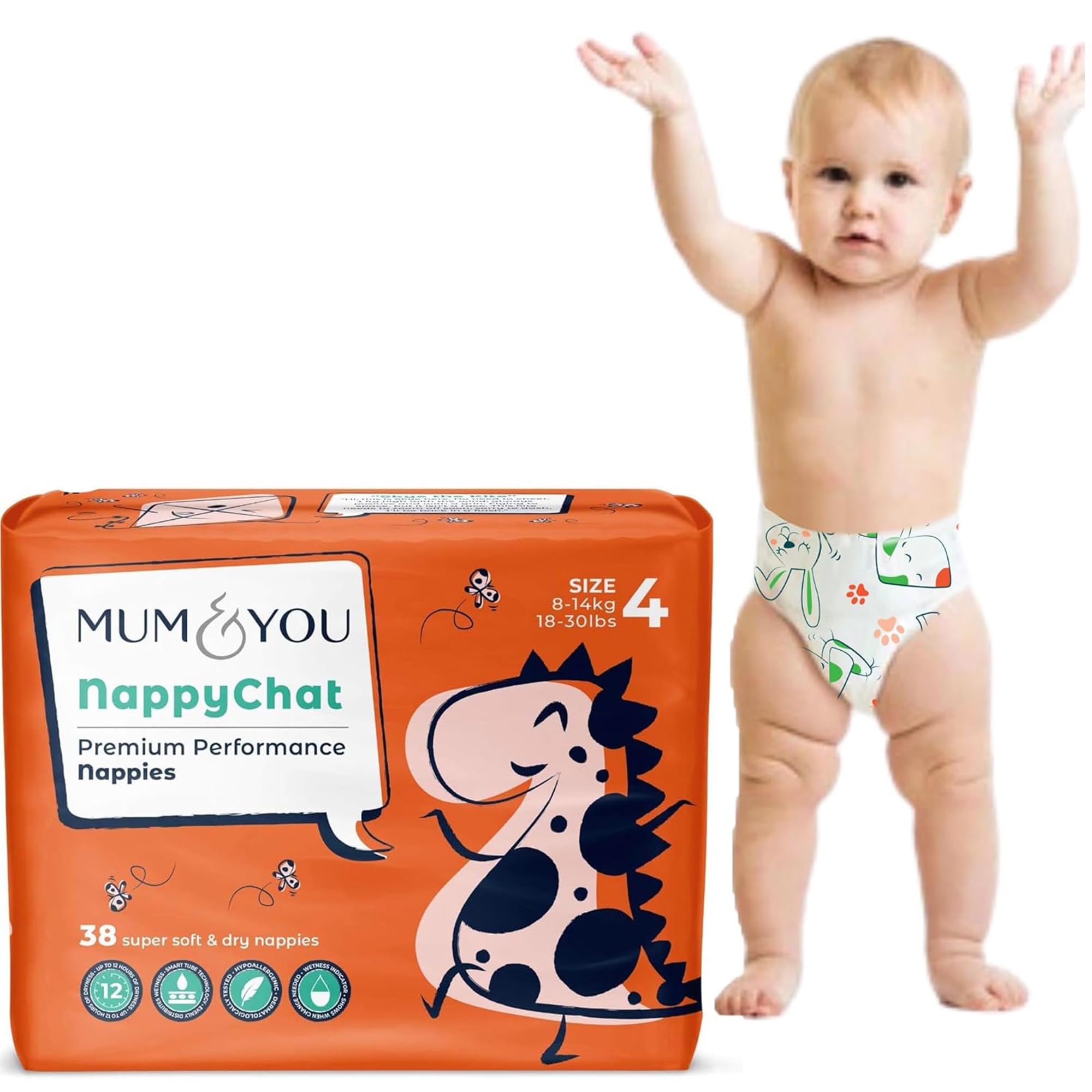 M&Y Nappychat Premium Performance Eco Diapers, Size 4 (38 Diapers) Smart Tube Technology. Leak Protection. 100% Recyclable. Hypoallergenic, Dermatologically-Tested No Lotion, Perfume or Dyes