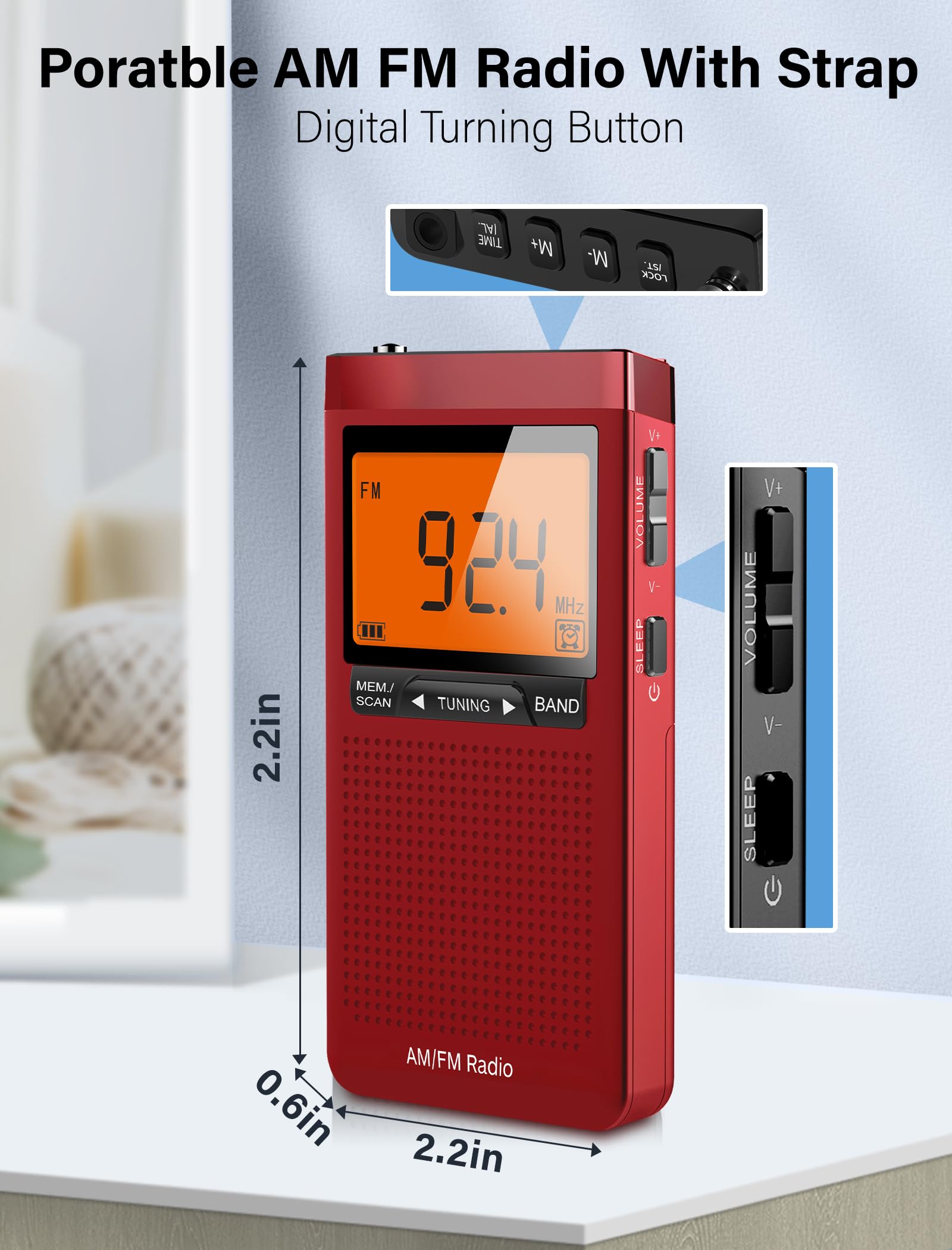 AM FM Portable Radio Personal Radio with Excellent Reception Battery Operated by 2 AAA Batteries with Stero Earphone, Large LCD Screen, Digtail Alarm Clock Radio(Red)