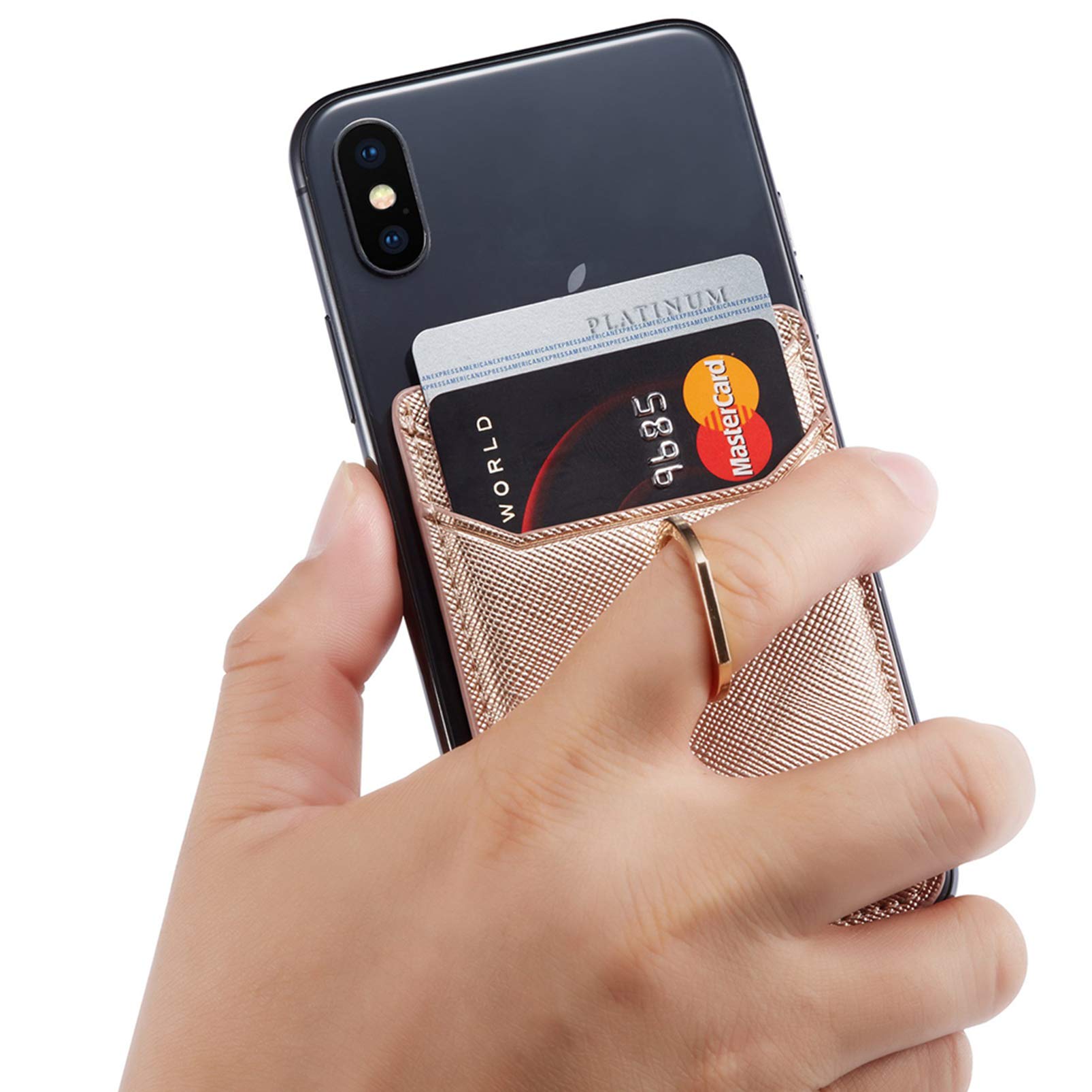 ACRSIKR Card Holder for Back of Phone, RFID Blocking Cell Phone Credit Wallet with Ring Pocket Stick on iPhone Rose Gold