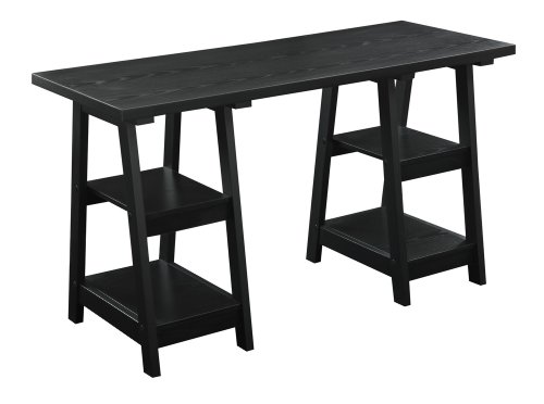 Convenience Concepts Designs2Go Double Trestle Desk with Shelves, Black