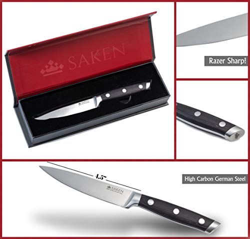 SAKEN 4.5-Inch Paring Knife - High-Carbon German Steel Kitchen Utility Knife with Wooden Handle in Dark Wood Finish - Multipurpose Kitchen Knife Mincing, Slicing, Chopping, and General Cutting Work