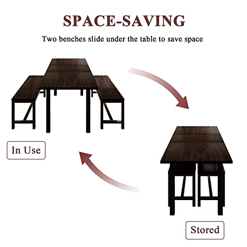 Feonase 3-Piece 63" XL Large Dining Table Set for 4-8 People, Extendable Kitchen Table Set with 2 Benches, Dining Room Table with Metal Frame and Solid MDF Wood Board, Easy Assembly, Espresso