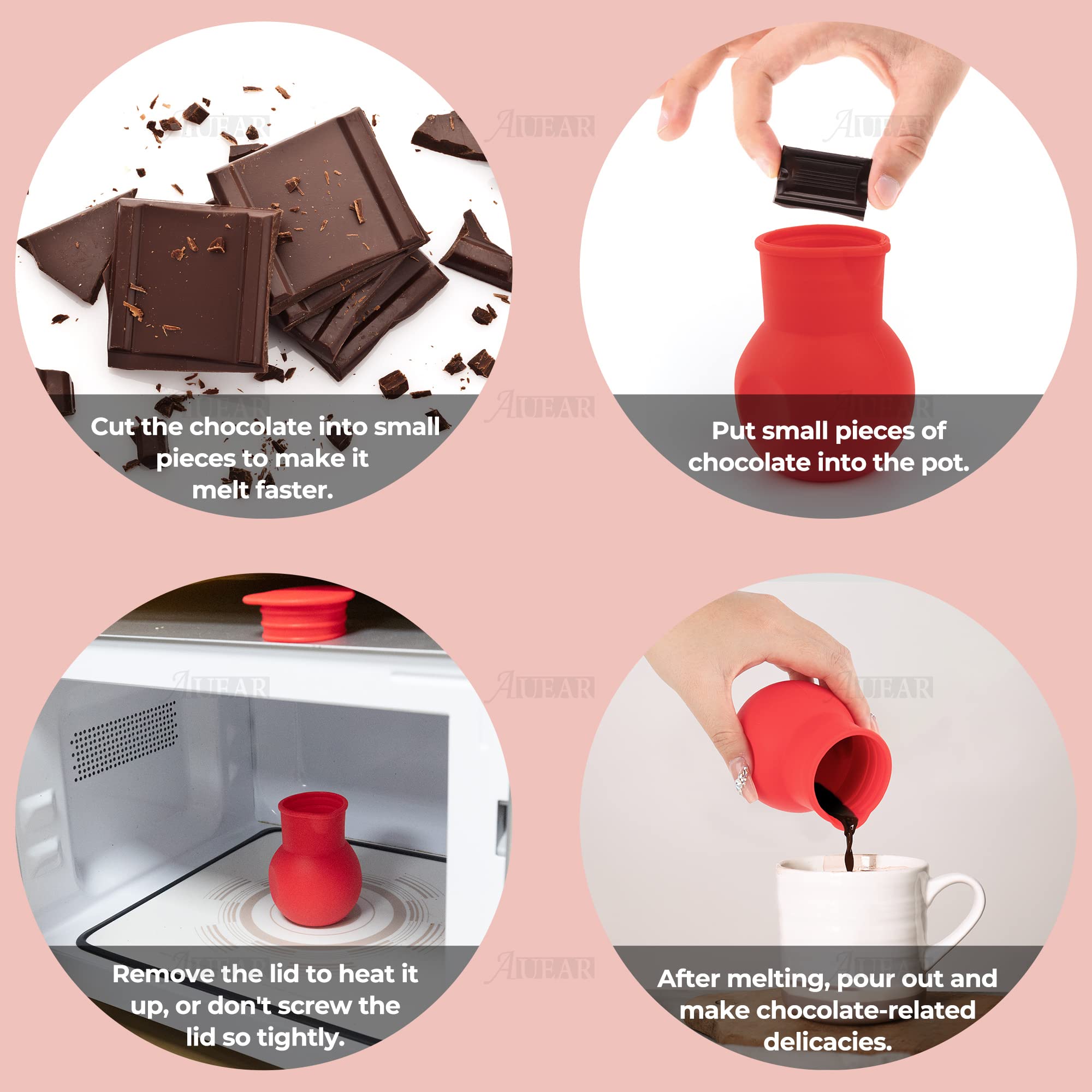 AUEAR, Set of 3 Silicone Melting Pot Chocolate Melt Pot Mold Red Microwave Butter Melter for Kitchen Baking Heat Milk Sauce