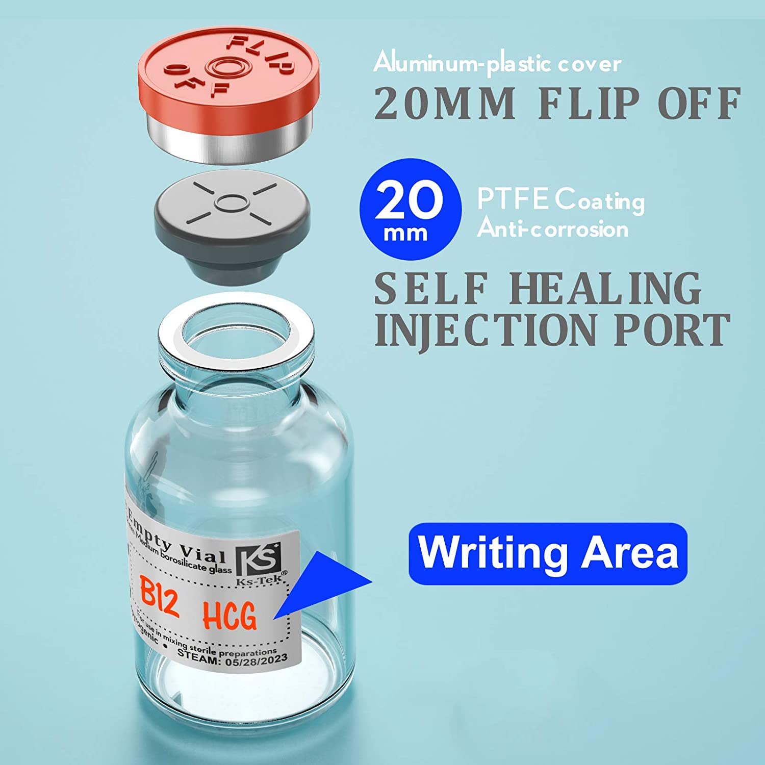 Biocomma 10pcs 20ml Sterile Empty Vial with Plastic Aluminum Flip Off Caps,Penicillin Bottle 20mm Crimp Top Sterile Transparent Borosilicate Lab Sample Vial (Transparent)