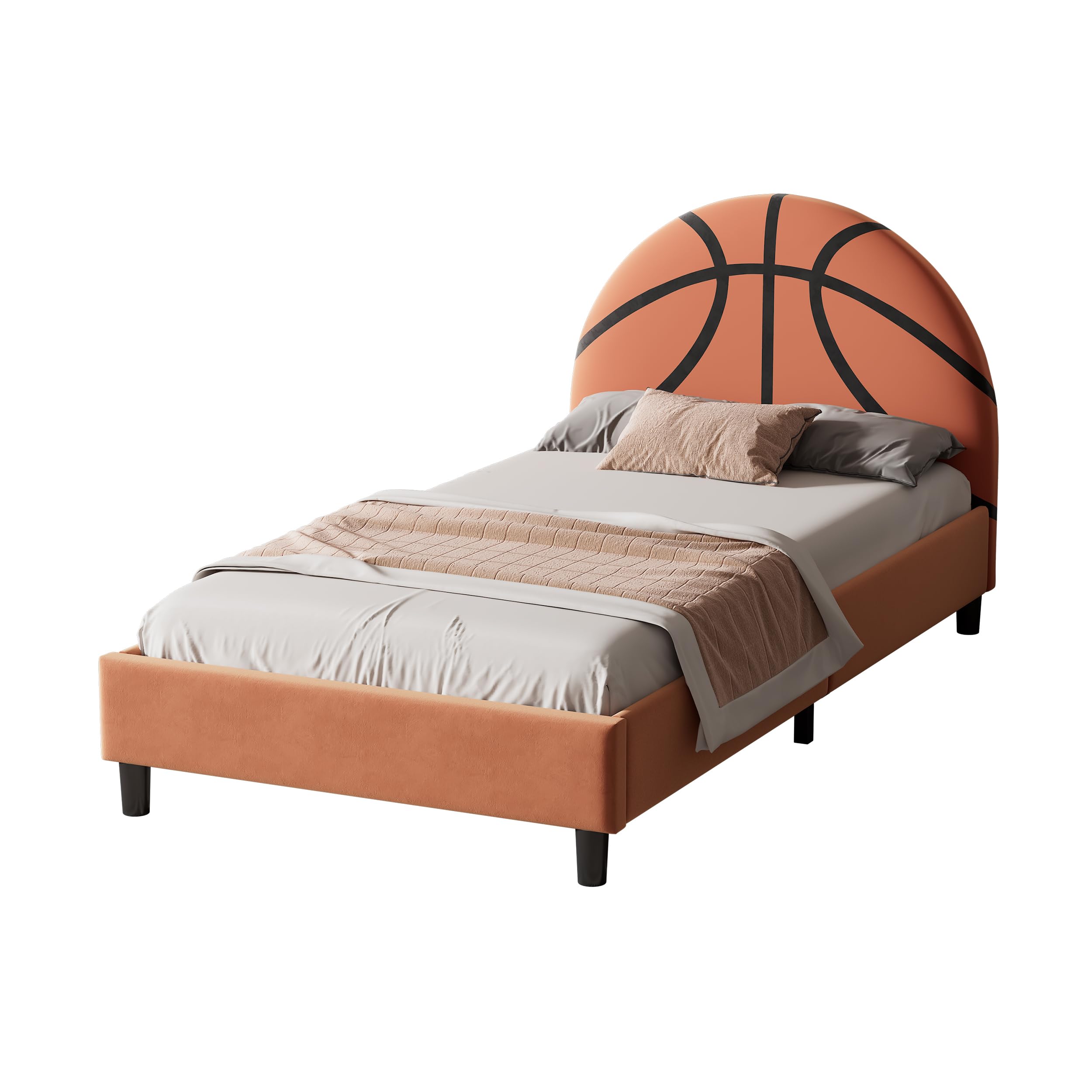 SOFTSEA Twin Size Bed Frame for Kids, Twin Size Sport Style Bed Frame for Boys, Basketball Shaped Bed Wood Platform Bed Frame, Upholstered Twin Bed Frames for Kids, No Box Spring Needed, Orange