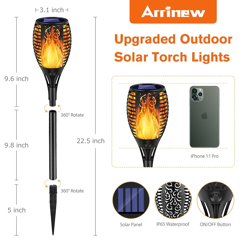 Arrinew Upgraded Outdoor Solar Torch Lights, 33 LED Solar Light Torches with Dancing Flickering Flame, Waterproof Landscape Decoration Lights for Garden Pathway Yard Patio Driveway (4 Pack)
