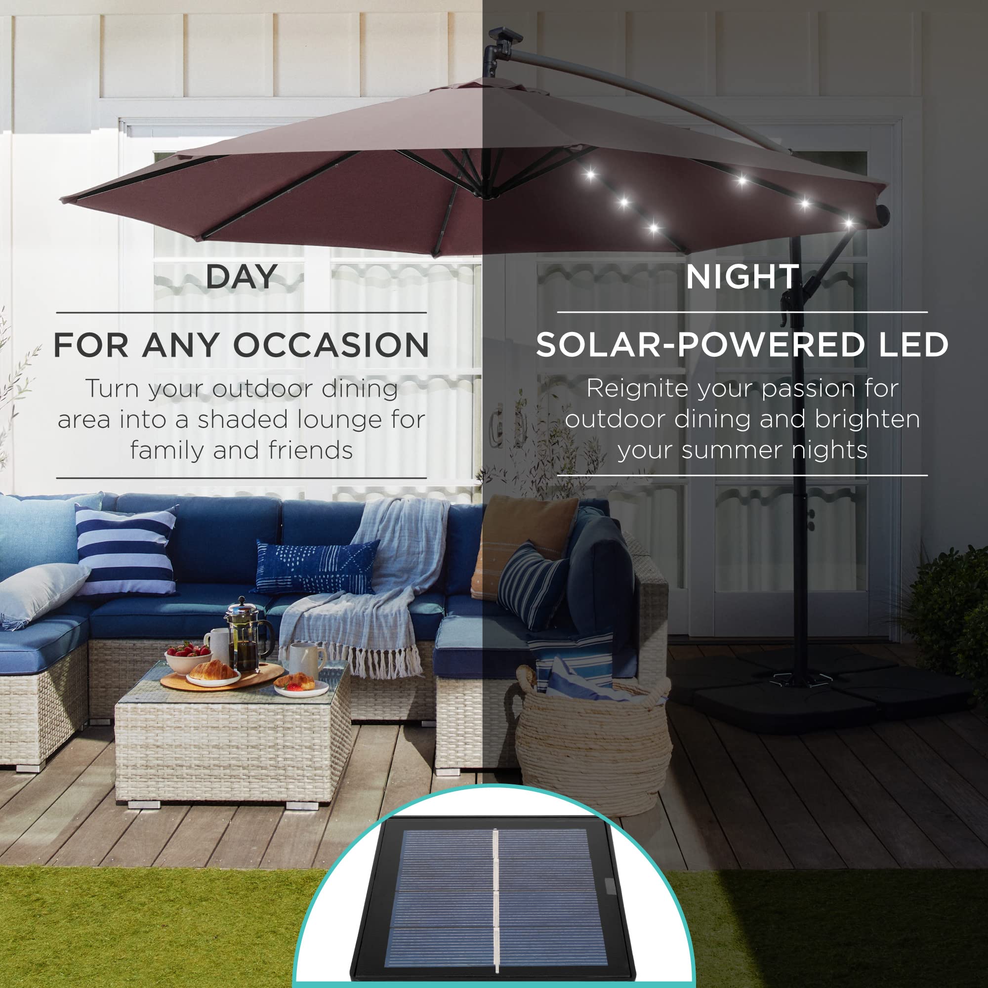 Best Choice Products 10ft Solar LED Offset Hanging Market Patio Umbrella for Backyard, Poolside, Lawn and Garden w/Easy Tilt Adjustment, Polyester Shade, 8 Ribs - Deep Taupe