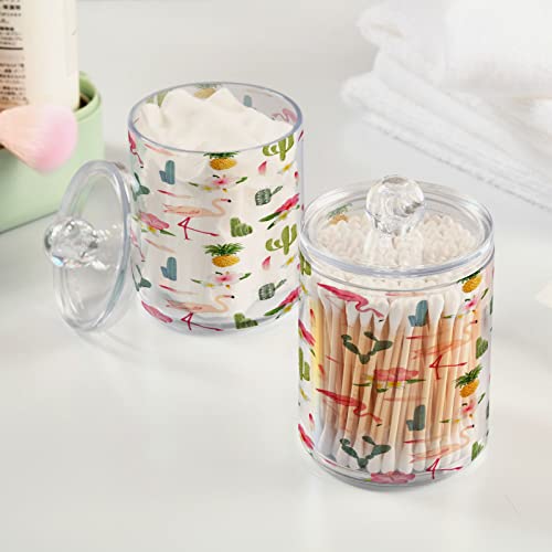 Blueangle 4PCS Tropical Flamingo Cactus Qtip Holder Dispenser with Lids - Apothecary Jar Containers for Vanity Organizer Storage - Plastic Food Storage Canisters(702)
