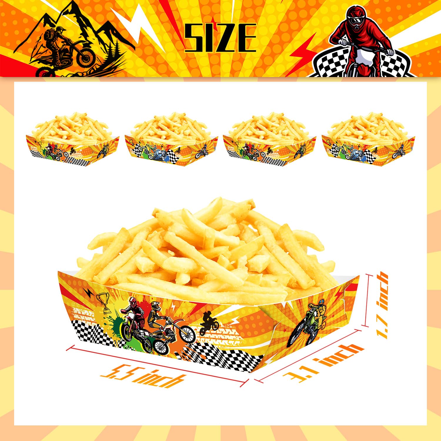 Heidaman Dirt Bike Paper Trays, 12pce, Yellow, Disposable, Motorcycle Design, Birthday Party Supplies