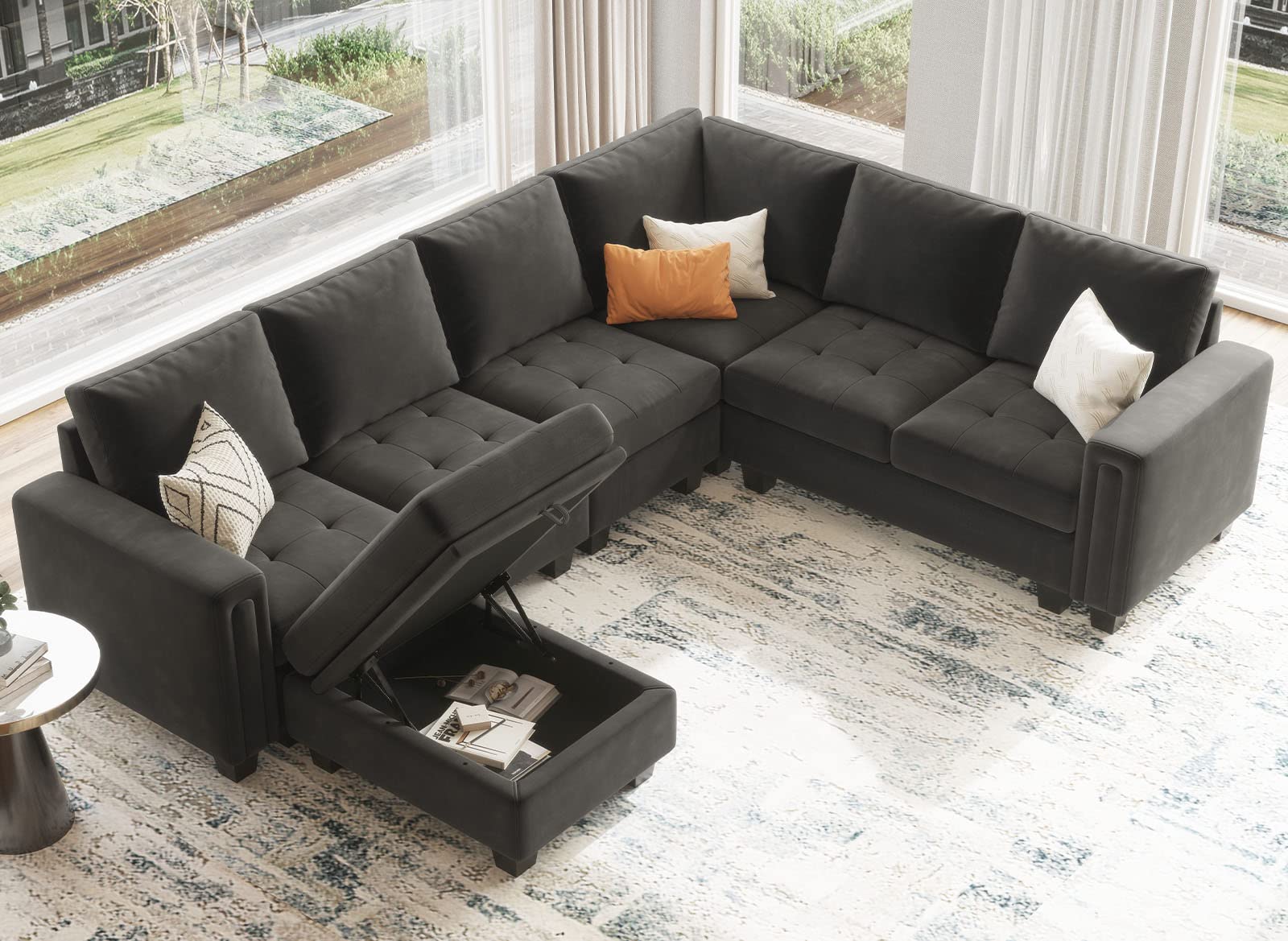 Belffin Velvet Modular Sectional Sofa with Storage Ottoman 6 Seater L Shaped Sectional Modular Sofa Couch with Reversible Chaise Convertible Corner Sectional Couch Grey