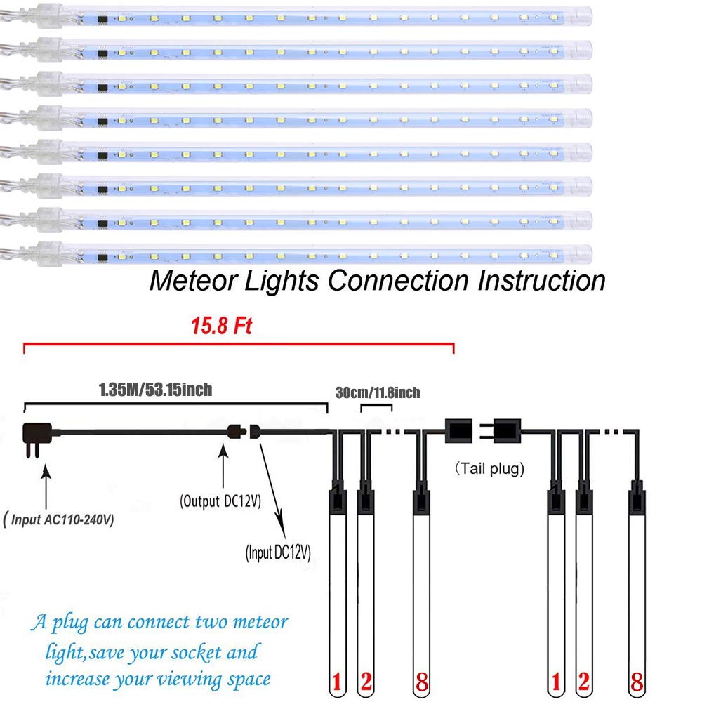 WISEFIN Meteor Shower Rain Lights 30CM 10 Spiral Tubes 192LEDs Cascading Rain Lights for Wedding Christmas Garden Tree Home Décor(White)