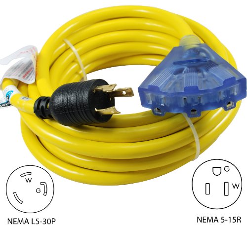 Conntek 25-Foot 30-Amp 125-Volt 3-Prong Fan-Style Generator Extension Power Cord, L5-30P to Three 5-15R, with Power Indicator Light