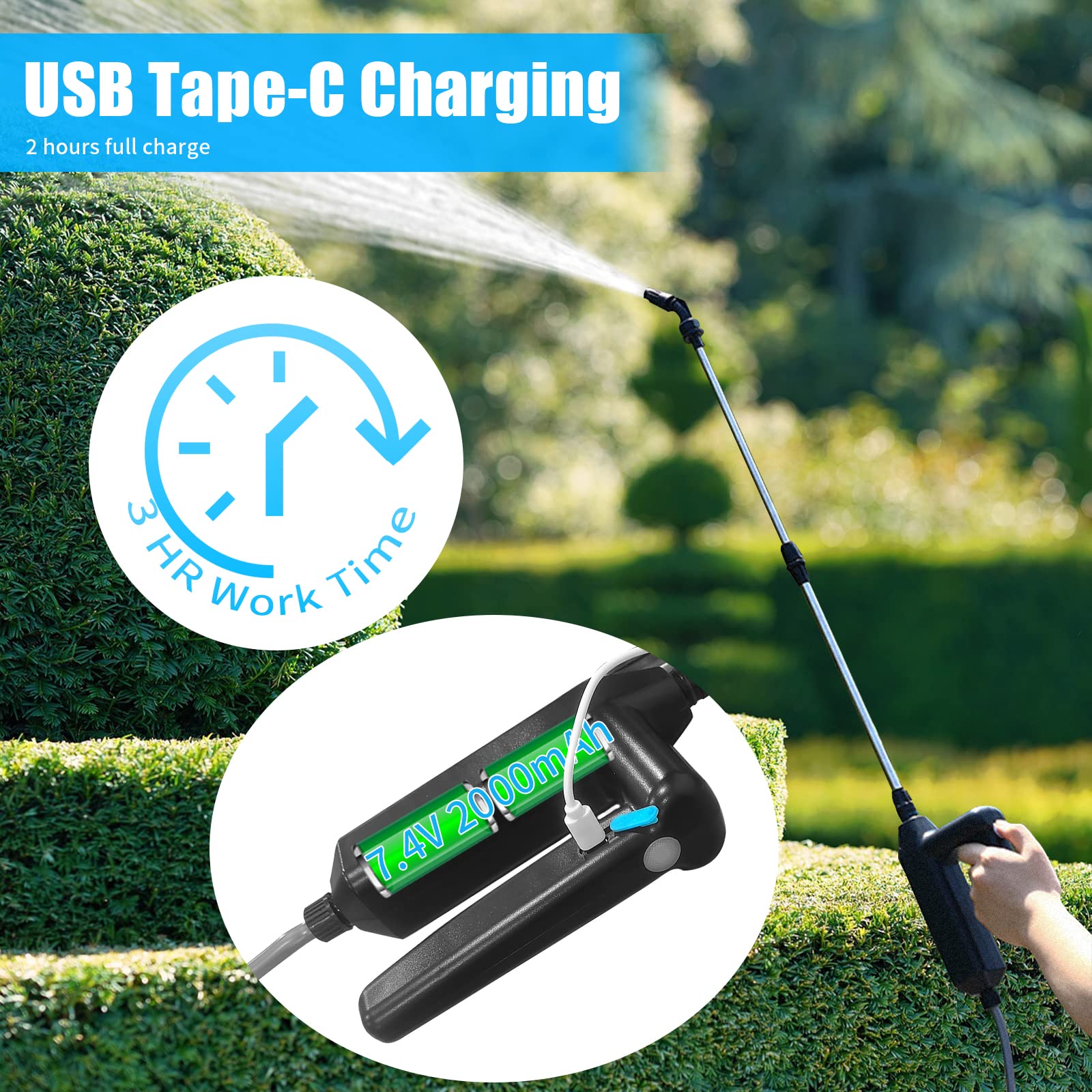 𝟳.𝟰 𝗩 Battery Powered Pump Sprayer with 3 Mist Nozzles, 1.35 Gallon Electric Garden Sprayer with USB Rechargeable Handle, Telescopic Wand, Portable Lawn Weed Sprayer with Adjustable Shoulder Strap