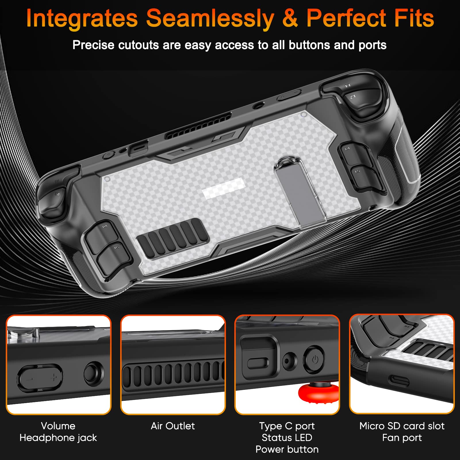 Adjustable Kickstand Case for Steam Deck/OLED with Screen Protector, [Military Grade Protective], Clear Cover Accessories Kit with 8 Thumb Grips, Black