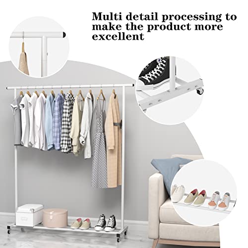 Buzowruil Clothing Rack Clothes Rack Standard Rod Simple Rolling Metal Garment Rack Organizer Freestanding Hanger with Wheels,White