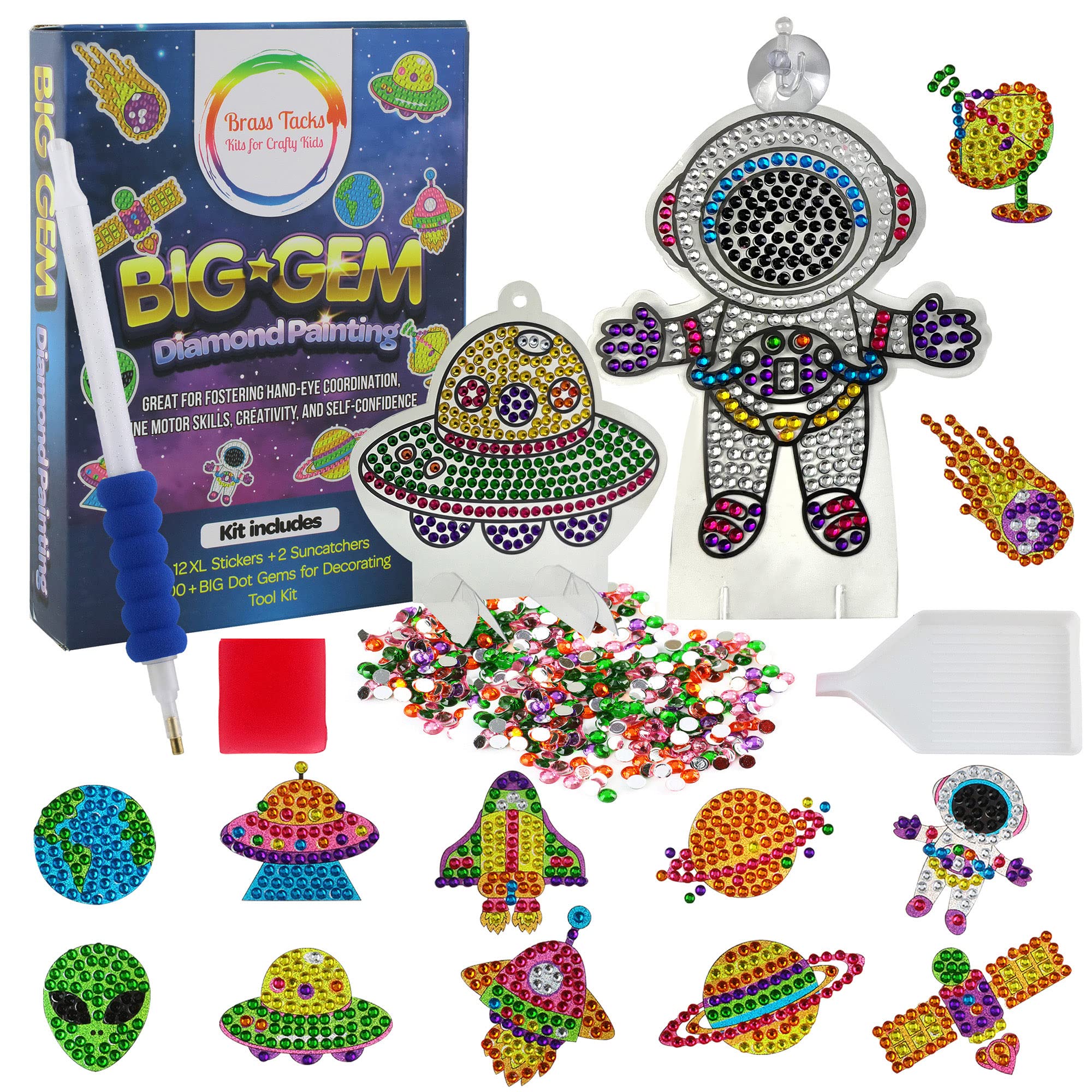 Big Gem Diamond Painting Craft Kit for Kids, Stickers and Suncatchers (Outer Space)