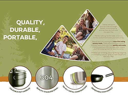 Camping Cookware Set 304 Stainless Steel 8-Piece Pots & Pans Open Fire Cooking Kit | Frying Pan Steamer with Travel Tote Bag | Compact For Outdoors & Indoors Kitchen Family Campfire Hiking RV