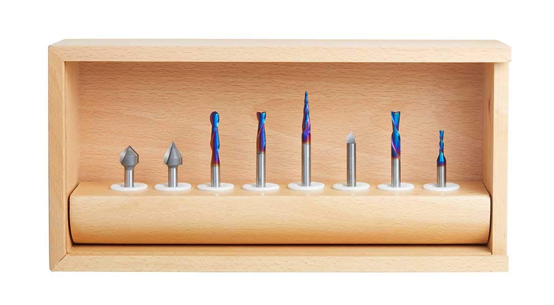 Amana Tool AMS-177-K 8-Pc CNC Router Bit Collection Featuring V-Grooves Point Roundover and Multi-Purpose Spektra Bits 1/4 Shank in Wooden Box