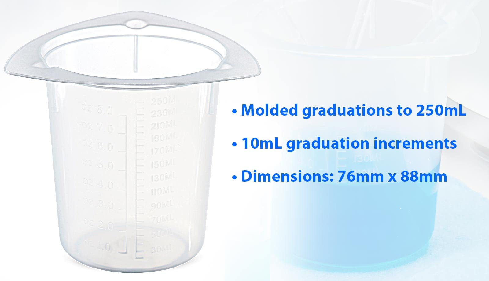 Globe Scientific 3642 Clarified Polypropylene Three Corner Graduated Beaker, Economy Style, 250mL Capacity, Pack of 100