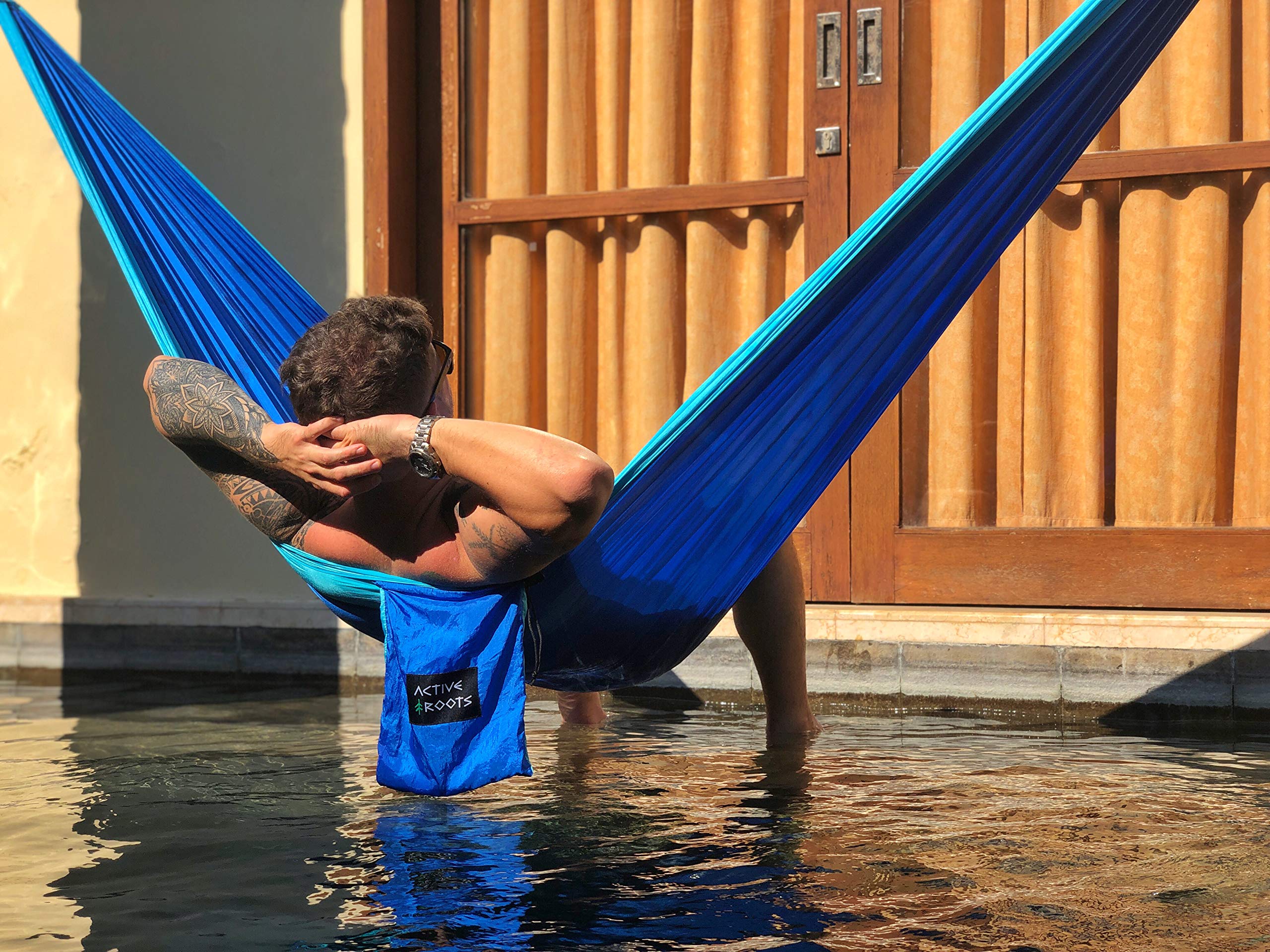 Active Roots Double Camping Hammock with Tree Straps - Portable Hammock, Parachute Nylon Lightweight Hammock for Backpacking, Travel, Indoor, Outdoor (Black/Watermelon)