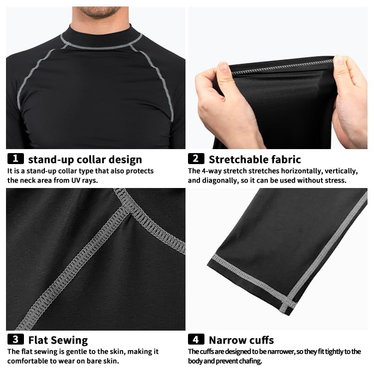 Actleis Men's Long Sleeve Rash Guard, UPF50+ UV Sun Protection Swimming Shirts Quick Dry Surf Tee M Black