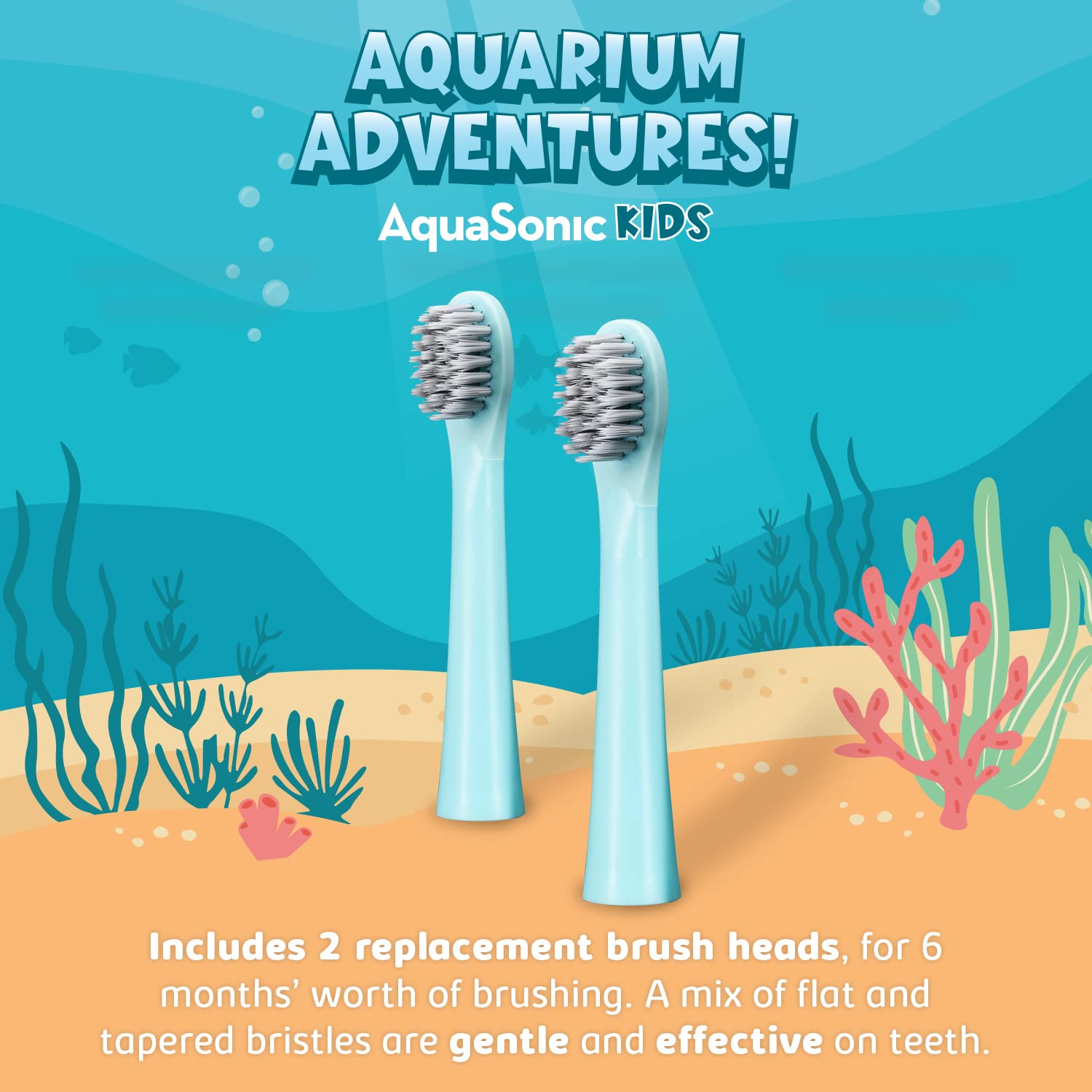 AquaSonic Kids Brush Head Replacement 2-Pack for Aquarium Adventures Sonic Electric Toothbrush for Ages 3 and Up