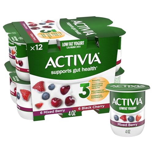 Activia Black Cherry and Mixed Berry Probiotic Yogurt, Delicious Lowfat Yogurt Cups to Help Support Gut Health, 12 Ct, 4 OZ