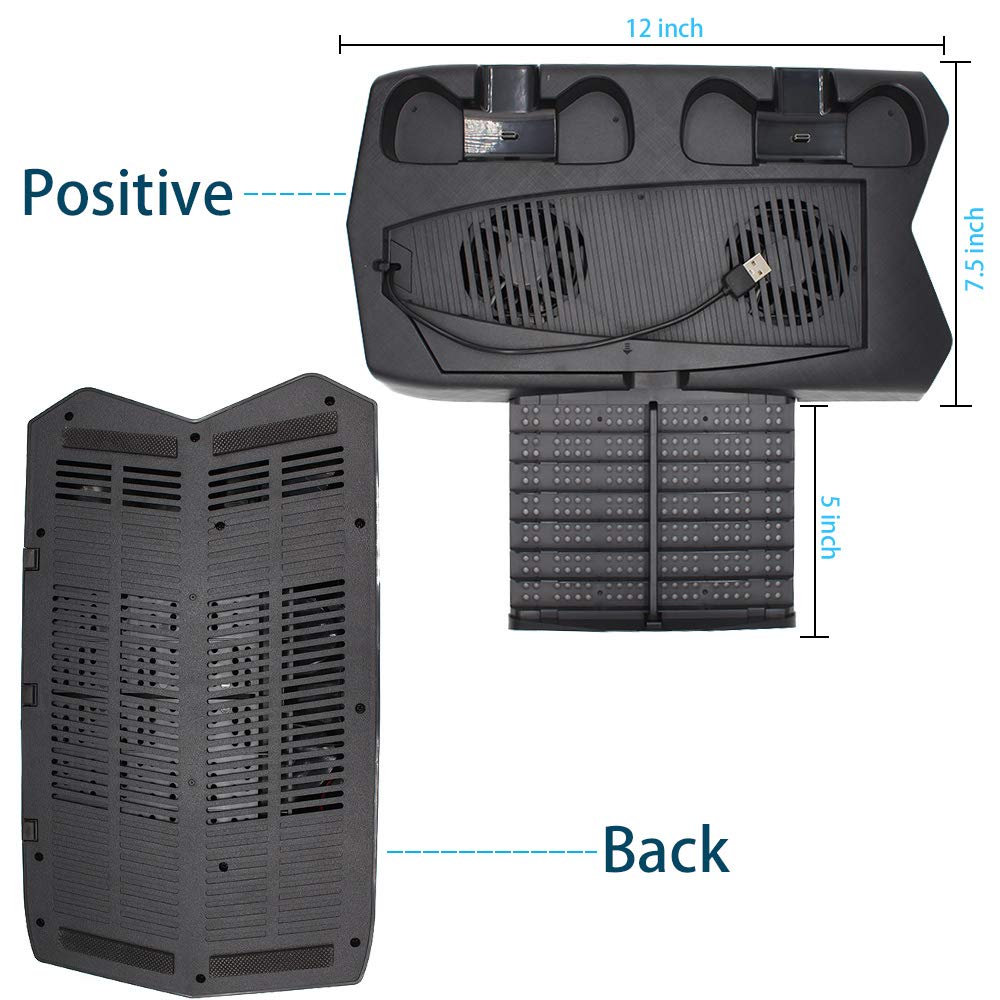 Vertical Stand with Cooling Fan, for PS5 Digital Edition and PS5 UHD Edition, Fast Cooling, Safe and Quiet, with Dual DualSense Controller Charger Ports and Retractable Game Storage