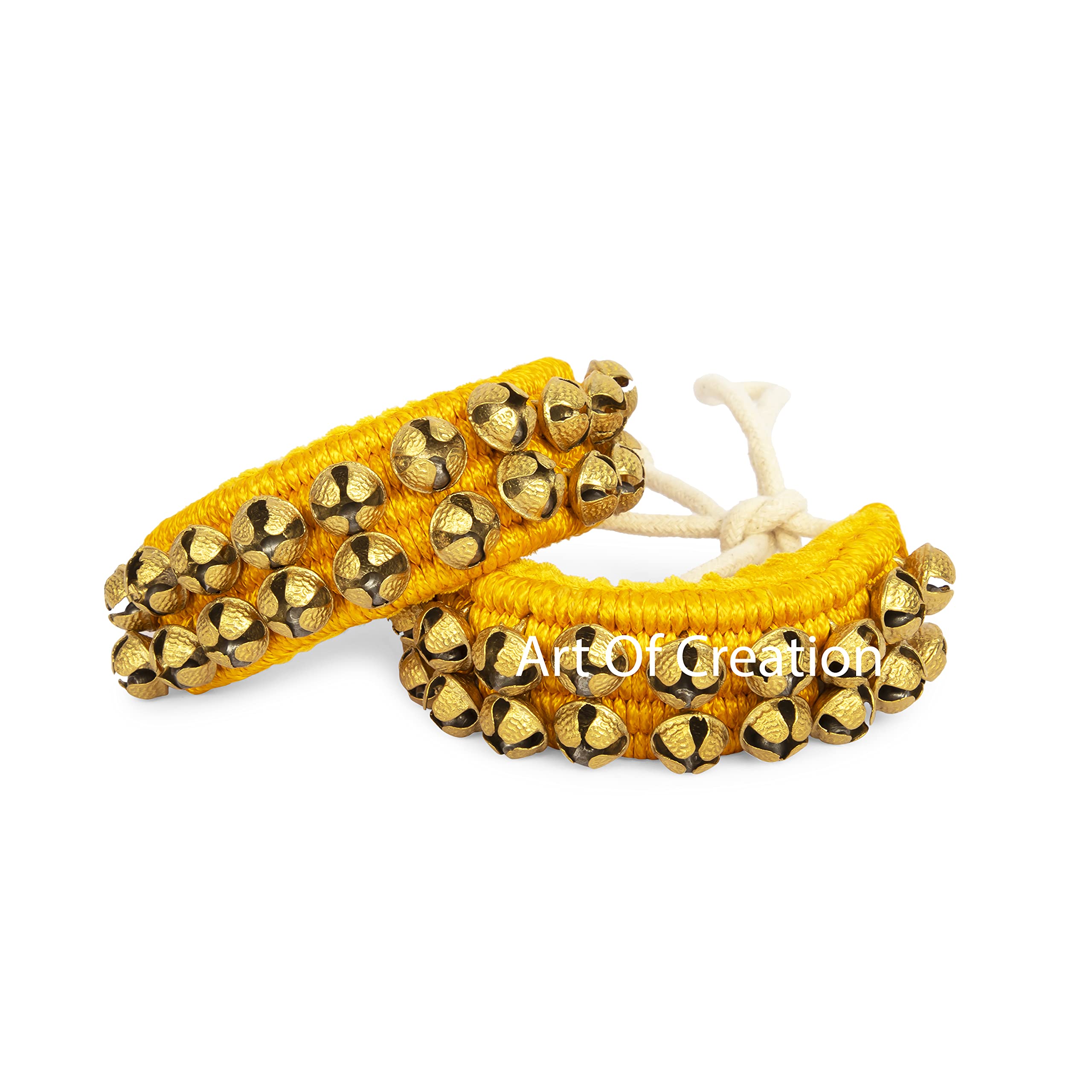 Art Of Creation Dancing Ankle Kathak Ghungroo Pair 40 Bells 2 Lines Handmade Musical Instrument Classical Bharatnatayam Kuchchipudi (Yellow Padded 40 Bell)