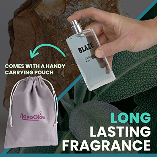NovoGlow Blaze Eau de Parfum Cologne for Men With Luxurious Suede Pouch - Marine Breeze, Sandalwood And Sensual Musk Wood Notes– 100ml – 3.4 oz – Great Gift For Men