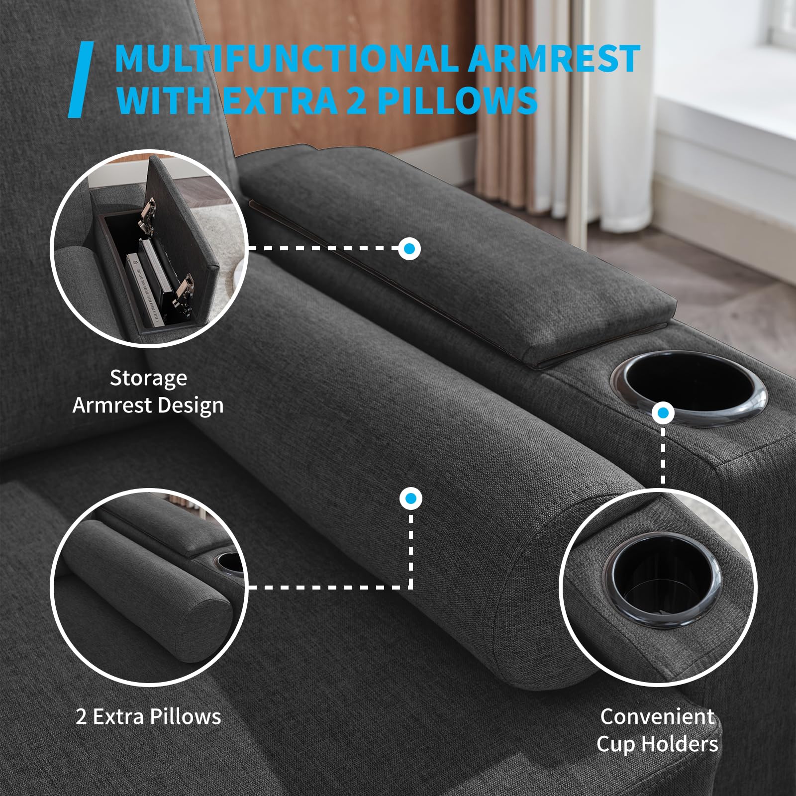 Mjkone Convertible L-Shaped Couch Modular Sectional Sofa with Removable Storage Ottoman & Storage Armrest, Modern Sofa Set Sectional Couch with Cup Holders, 115 Inch Living Room Set - Dark Grey