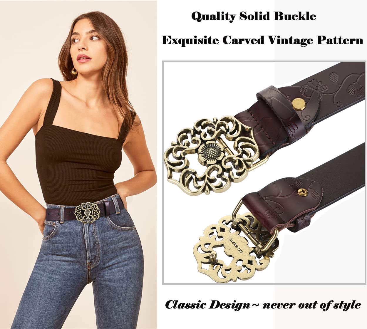 ALAIX Women's Leather Belt for Dress Jeans Belt Vintage Genuine Leather Wide Waist Belts for Women Coffee-M