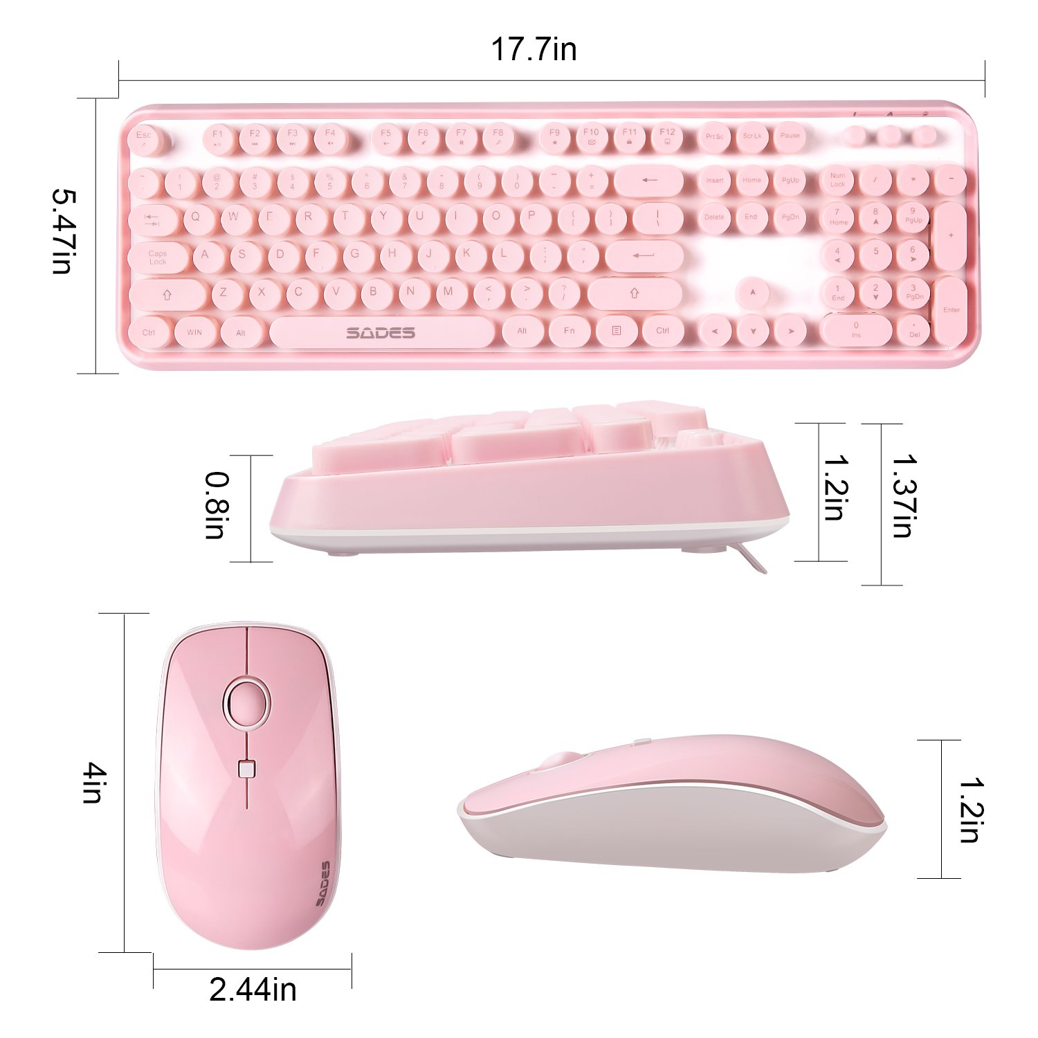 SADES V2020 Pink Wireless Keyboard with Round Keycaps,2.4GHz Dropout-Free Connection,Long Battery Life,Cute Wireless Moues for PC/Laptop/Mac(Pink)