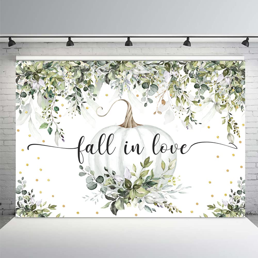 MEHOFOND Thanksgiving Fall in Love Bridal Shower Backdrop Eucalyptus Autumn Fall Pumpkin Wedding Shower Background for Photography Miss to Mrs Banner Engagement Anniversary Party Decorations 7x5ft