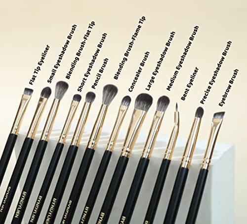BYNDYLIEN Eye Makeup Brushes - 12pcs Champagne Gold Professional Makeup Brush Set with Soft Synthetic Fiber Hairs and Wood Handle for Eye Shadow, Blending, Concealer, Eyeliner, and Eyebrow