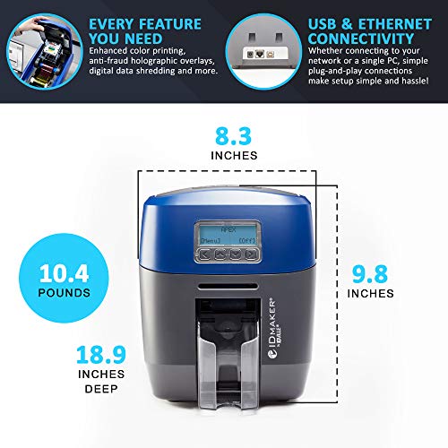 ID Maker Apex 2 Sided Card Printer Machine & Supply Kit for Badge Printing - Print Professional Quality Identification Badges - IDMaker Software, Premium Camera, 300-Print Color Ribbon, 100 PVC Cards