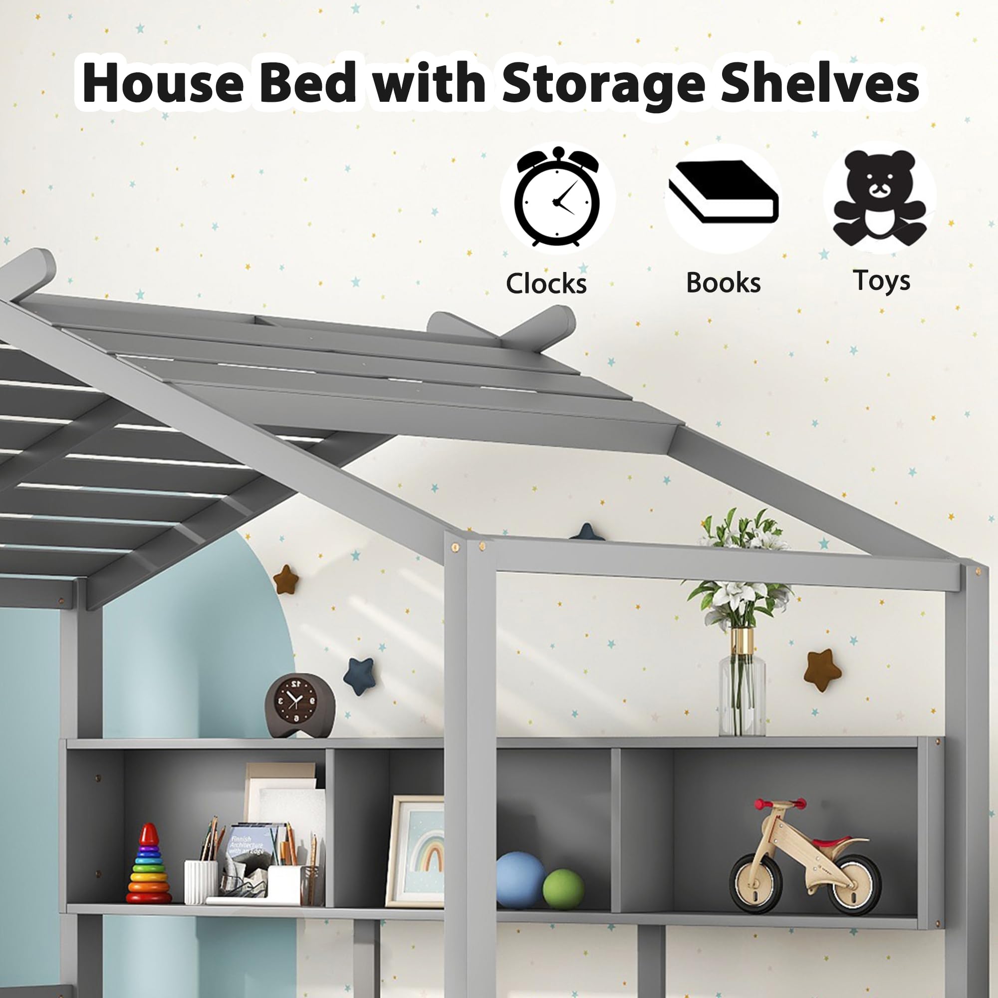 Bellemave Full Size House Bed with 2 Storage Drawers,Kids Bed with Storage Shelves,Wooden House Bed Frame for Girls,Boys,Can be Decorated,Gray