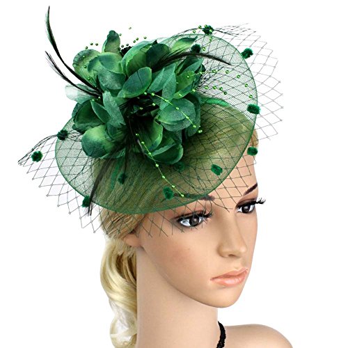ACTLATI Fascinators Hat for Women Tea Party Headband Wedding Cocktail Flower Mesh Feathers Hair Clip 20s Flapper Headpiece,Dark Green