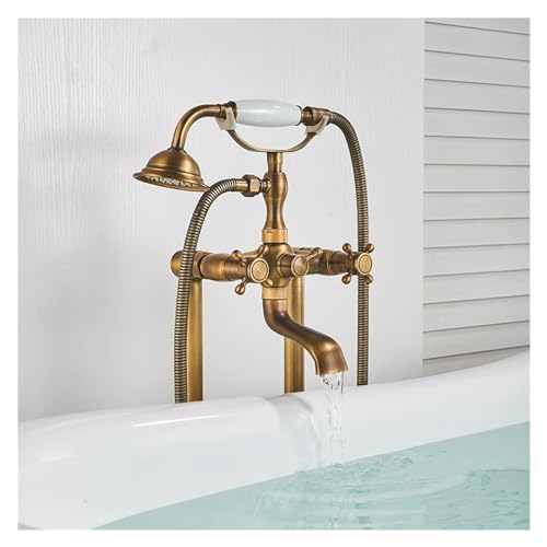 Antique Brass Floor Mounted Bathtub Shower Faucet, Dual Handle Standing Bathroom Faucet ,Brass Swivel Spout 150cm Shower Hose,Kitchen Sink Faucet