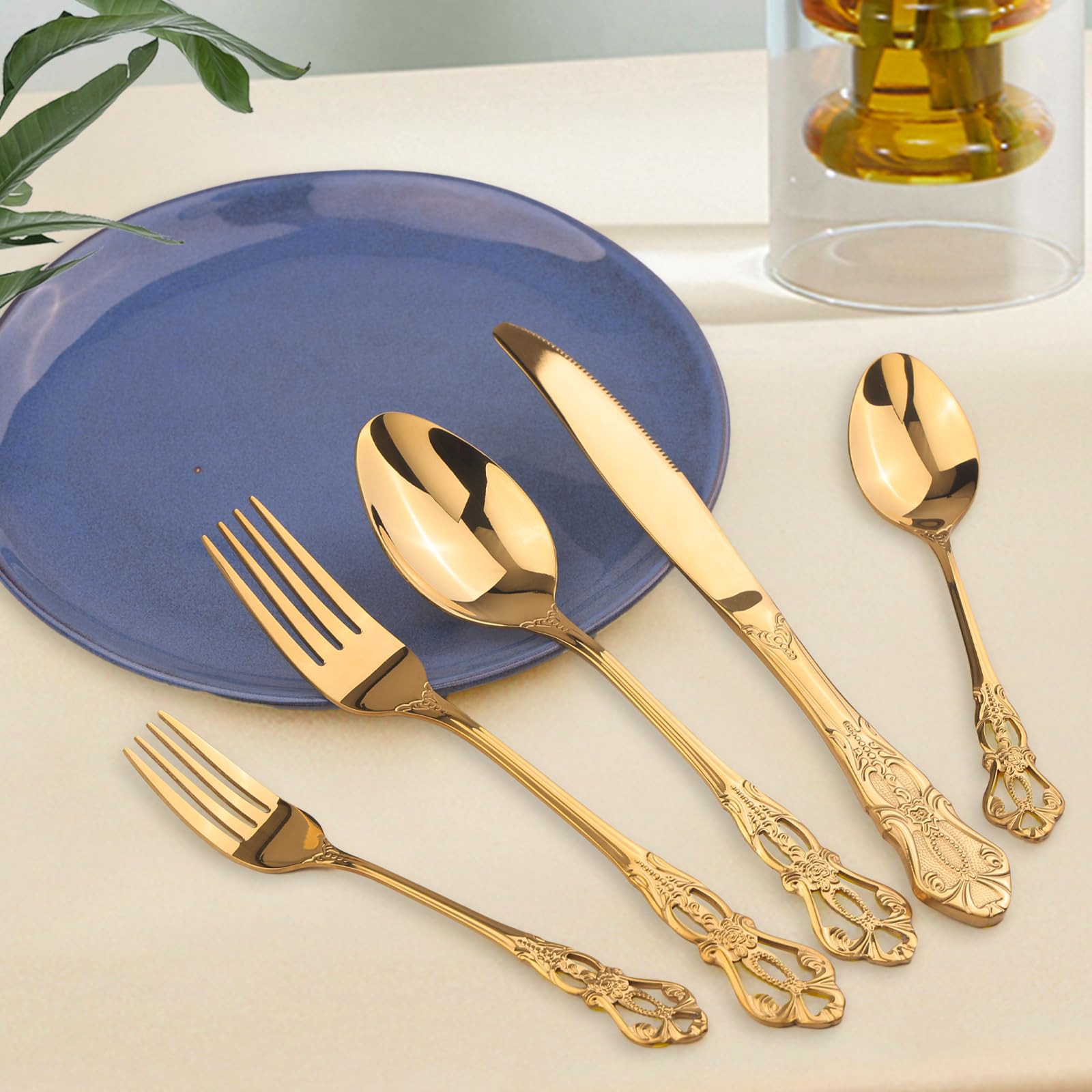 Retro Royal Gold Silverware Set With Gift Box For 8 Cutlery Set Utensils Stainless Steel Flatware 40 Pieces MIKIWAY Kitchen Tableware Set For Gifts Festive, Dishwasher Safe, Mirror Polishing