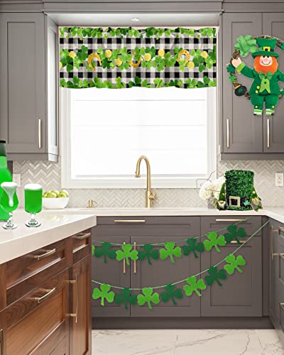 Curtain Valance for Windows St. Patrick's Day Clover Leaf Horseshoe Gold Kitchen Valances Rod Pocket Short Curtains,Black White Plaid Window Treatment Panel for Living Room Bathroom Bedroom 60x18in