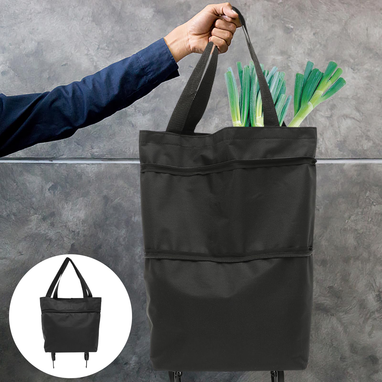 Trolley Bag Wheels Foldable Grocery Bag Reusable Shopping Cart Utility Tote Laundry Travel Portable Lightweight Bag (Black)