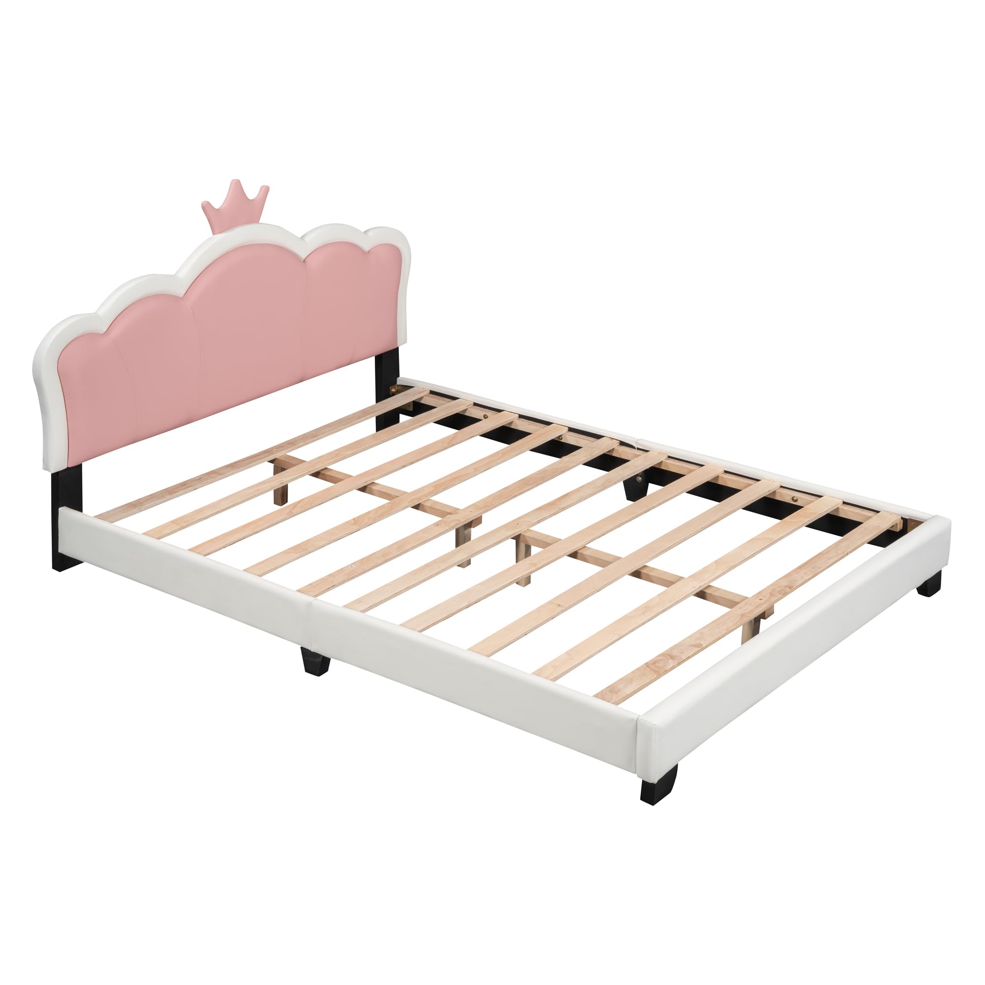Bellemave Full Size Princess Bed Frame with Crown Headboard, PU Upholstered Princess Full Bed for Girls,Kids Twin Platform Bed,(Full,White)
