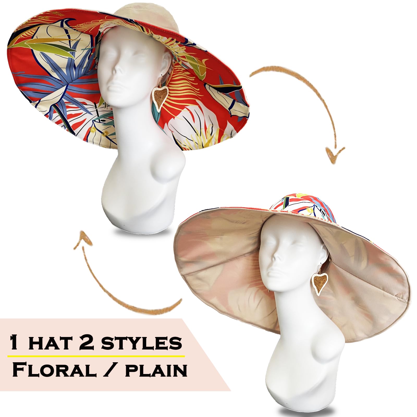 7" Women's Wide Brim Sun Hat, Large Foldable UV Protective Sun Hat, can be worn on both sides, suitable for beach, gardening, travelling, hiking(Flower/Khaki)