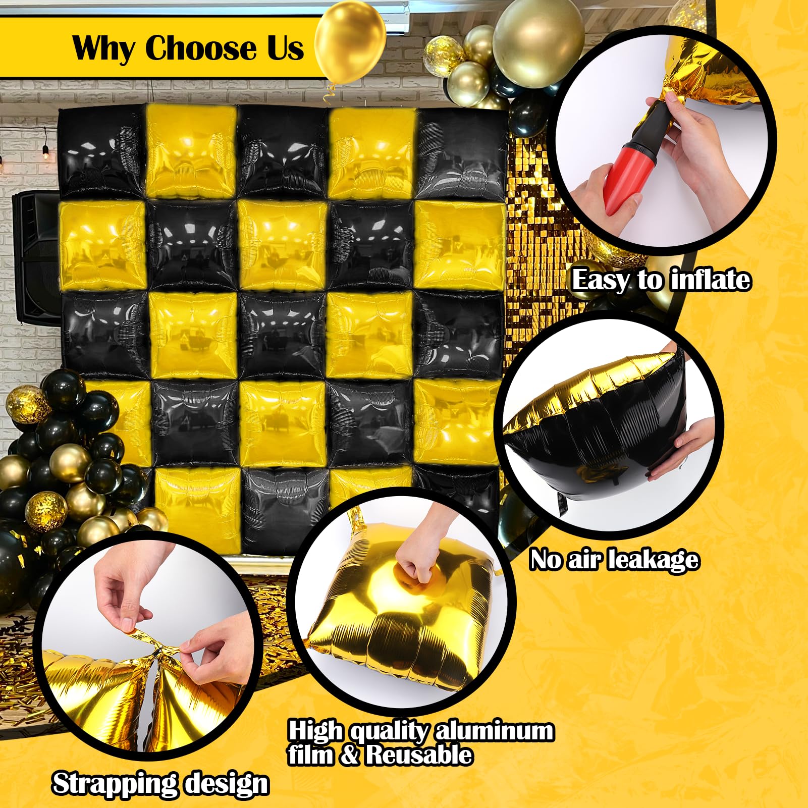 AIERSA Black And Gold Balloon Backdrop Wall,25Pcs Square Foil Balloons for Graduation,Birthday,Anniversary,Retirement Party Decoration Supplies