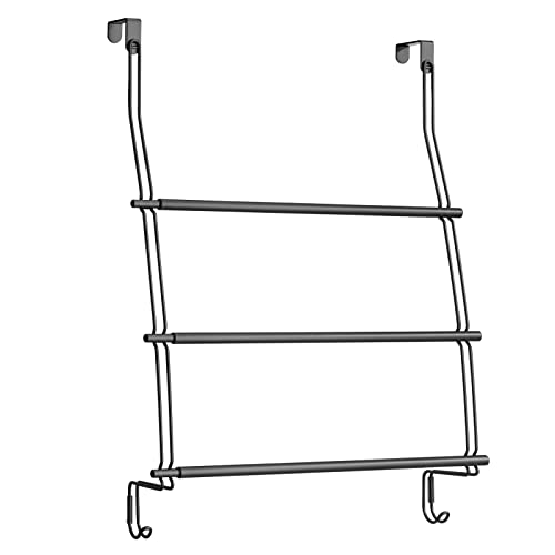 mDesign Expandable Metal Over Shower Door Towel Rack for Bathroom - 3-Tier Organizer with 2 Large Hooks - Holder for Hand/Bath Towels, Washcloths, Loofahs, Sponges - Trinity Collection - Matte Black