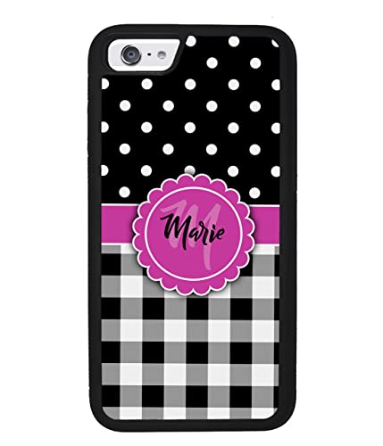 Black White Pink Plaid Polka Dots Personalized Black Rubber Phone Case Compatible with Apple iPhone 14 Pro Max, Pro, Max, iPhone 13 Pro Max Mini, 12 Pro Max Mini, 11 Pro Max X XS Max XR 8 7 Plus