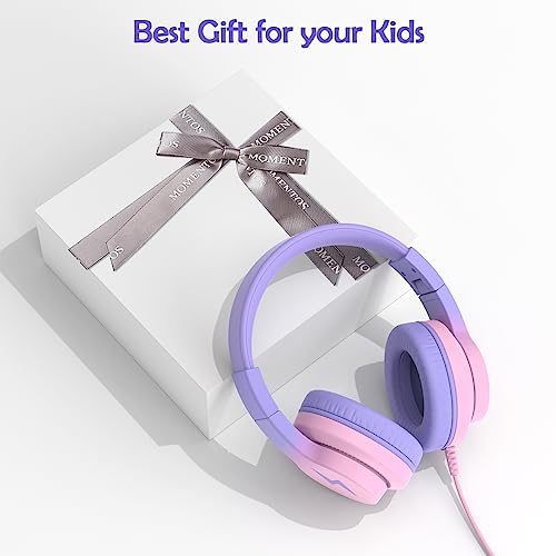 Candy Bila Kids Headphones, Wired Headphones for Kids with Microphone, 85/94dB Volume Limiter Headphones for Girls Boys with Sharing Jack, Foldable Headphones for Online Study, Gradient Red